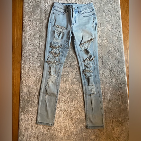 Jeans | Bebe Low Rise Skinny Baby Blue Distressed Sequin Jeans | Poshmark